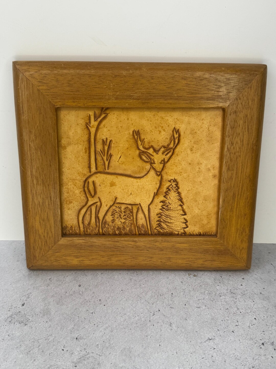 Vintage MCM Wooden Frame Leather Carved Deer Forest Wall Hanging Decor ...