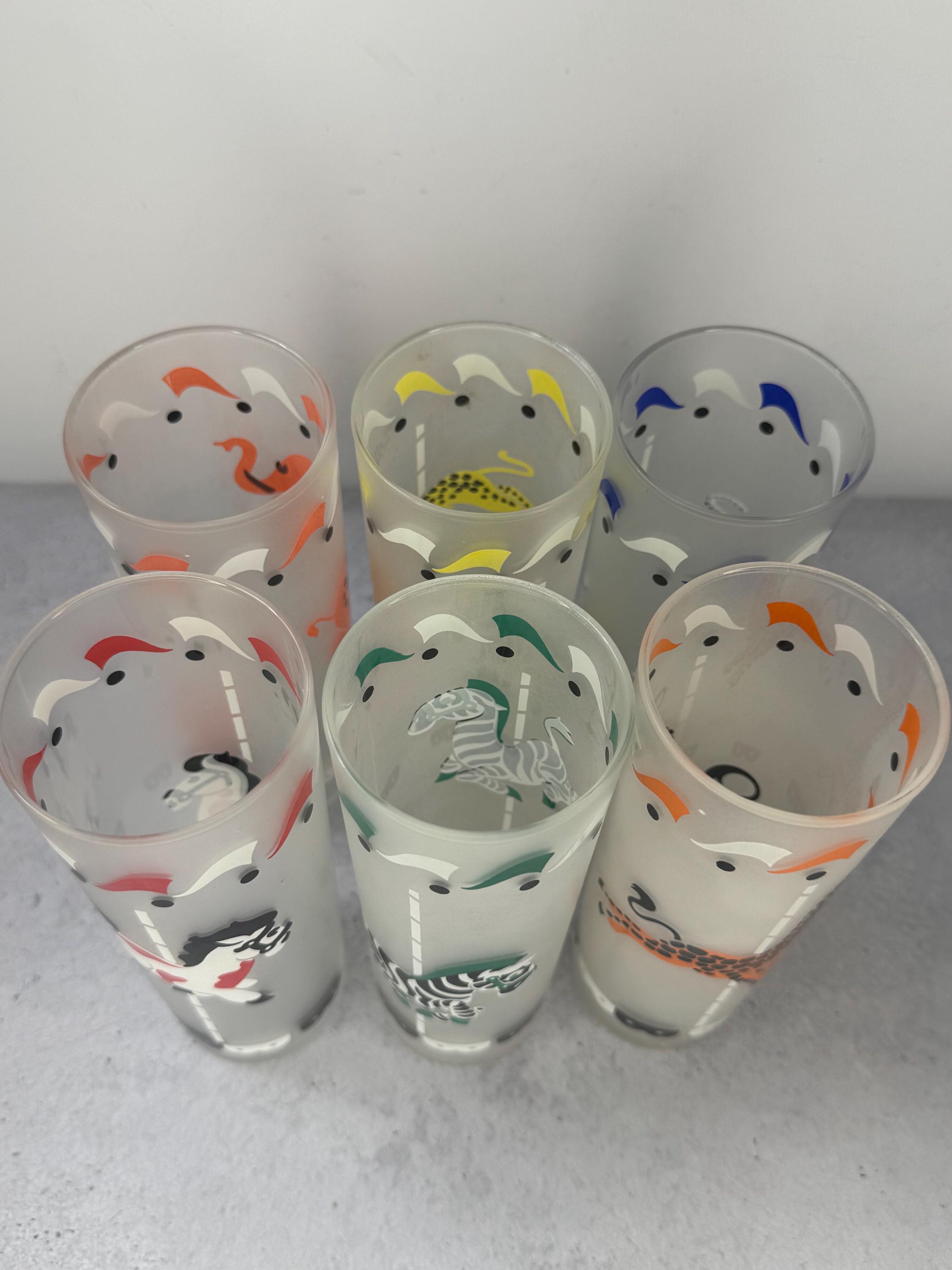 Vintage 1950's Libbey Circus Carousel Animals Set of 6 Frosted Highball ...