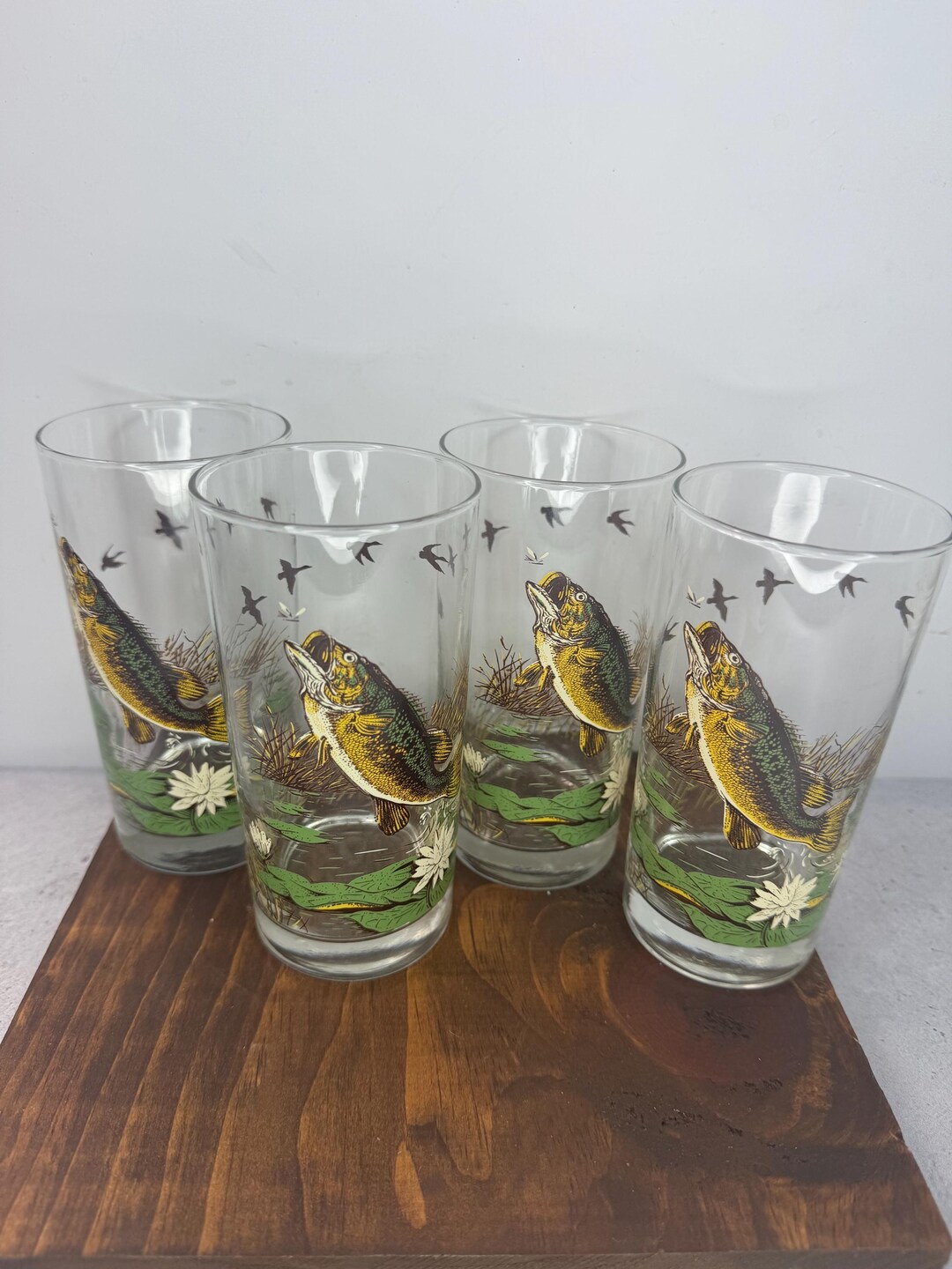 Vintage MCM Set 4 Libbey Large Mouth Bass Fish Sportsman Tumbler ...