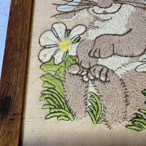 Vintage Wooden Framed Embroidery Bunny Flowers Cross Stitch Needlepoint ...