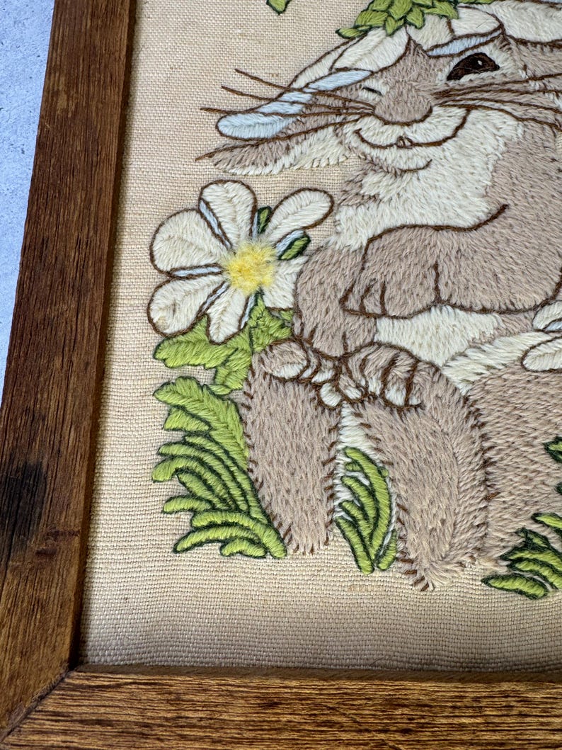 Vintage Wooden Framed Embroidery Bunny Flowers Cross Stitch Needlepoint ...