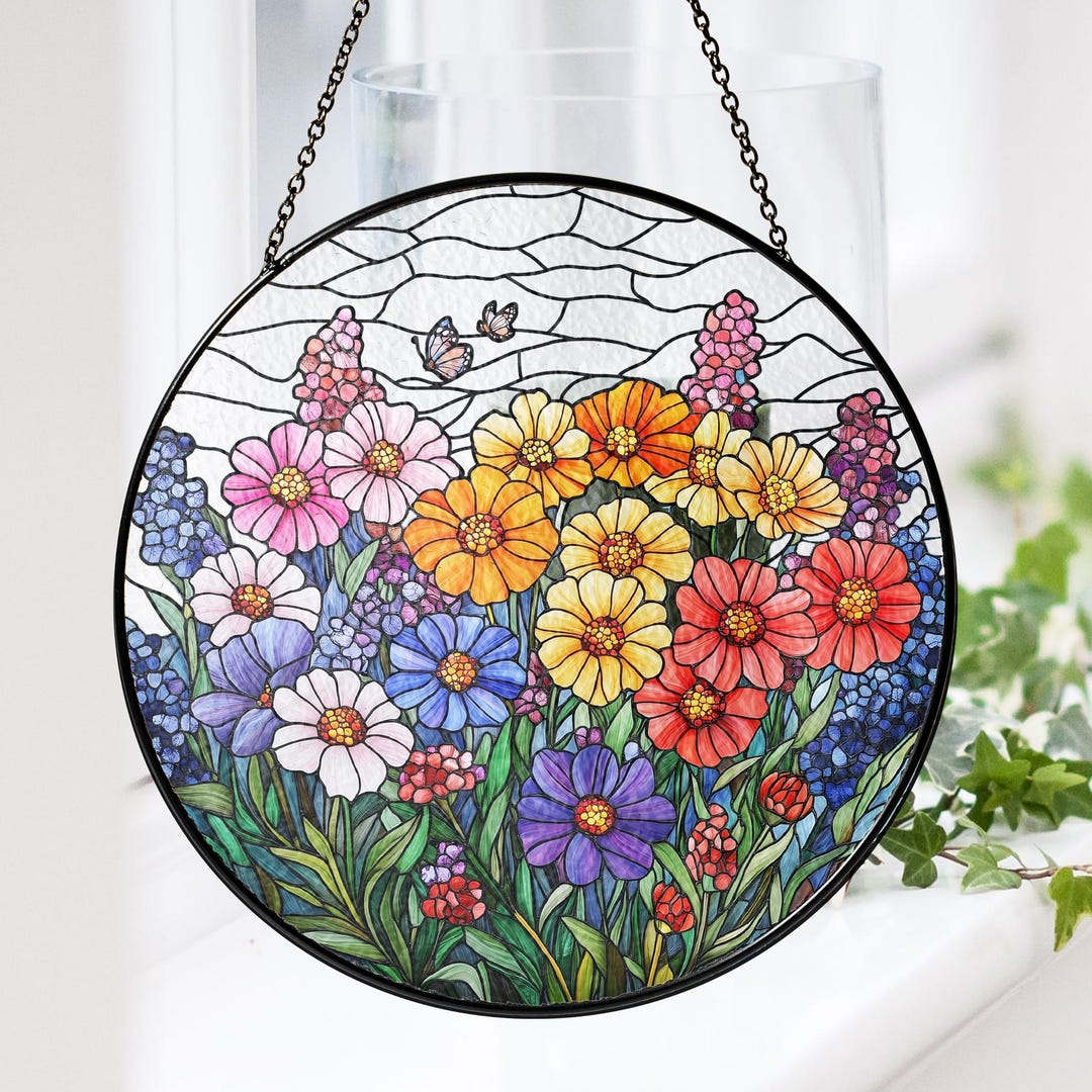 Spring Flowers Glass Suncatcher, Colorful Garden Flowers Window Hanging ...