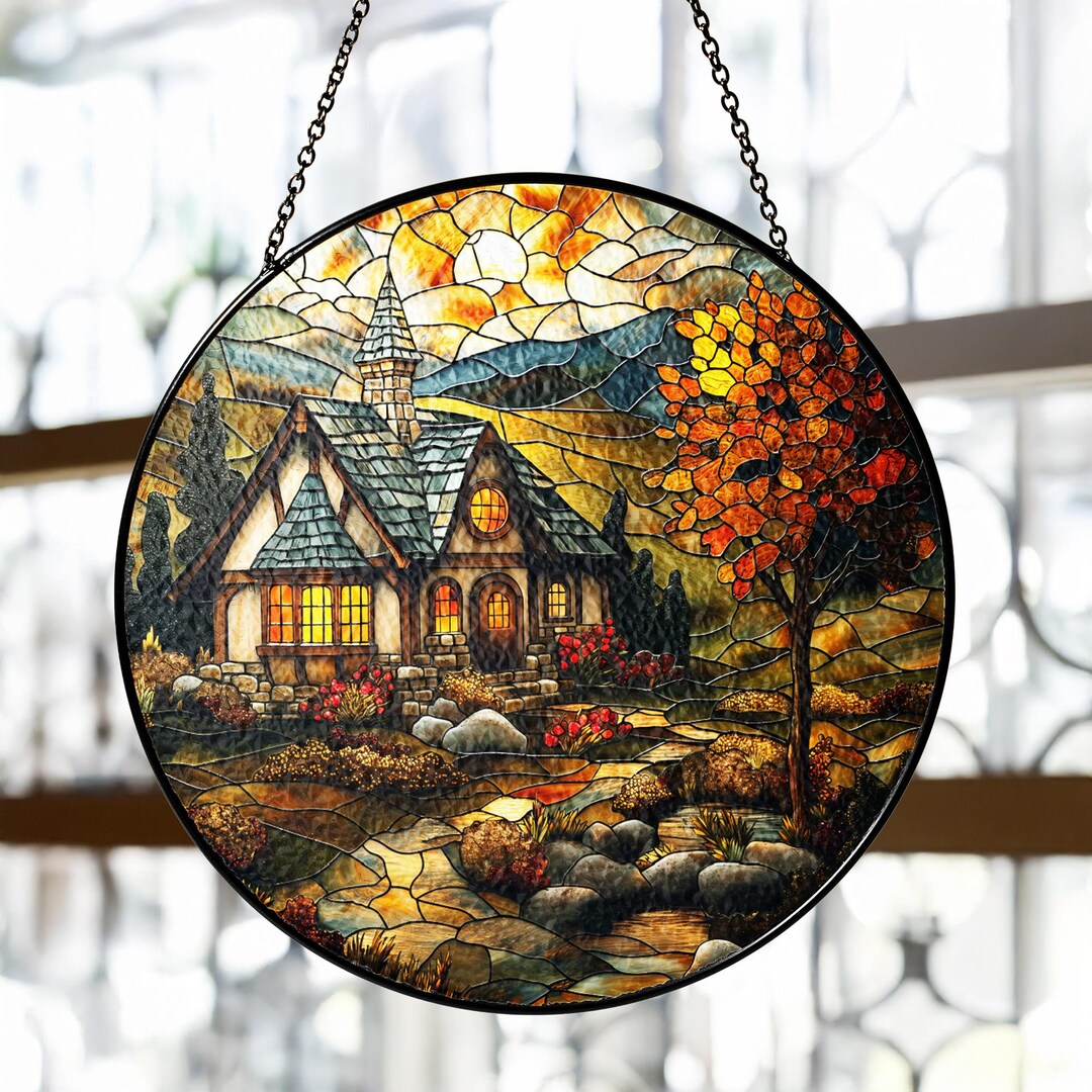 Cottagecore Glass Suncatcher, Rustic House Window Hanging, Village ...