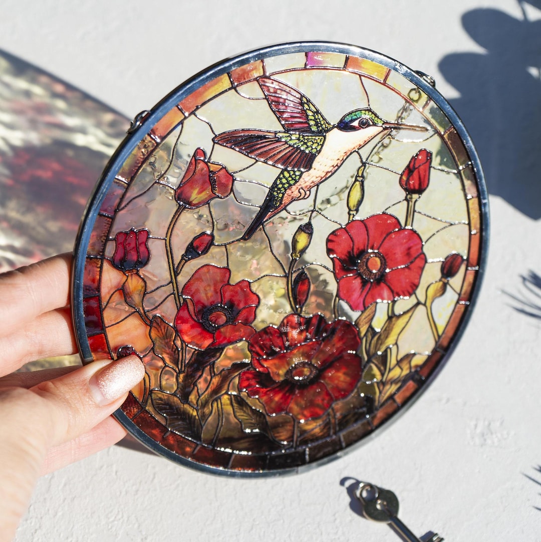 Poppy Flower Suncatcher, Hummingbird Sun Catcher, Poppy Stain Glass ...