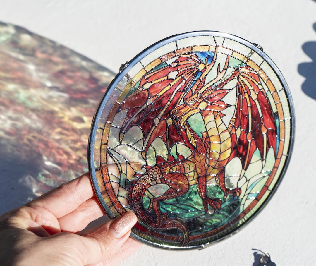 Dragon Sun Catcher Stained Glass, Window Hanging Dragon Glass Art ...