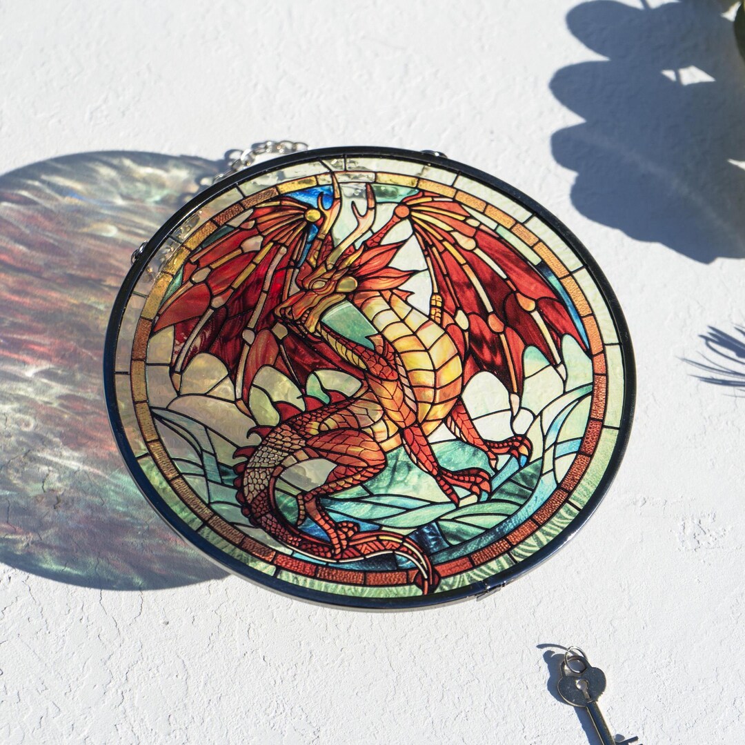 Red Dragon Suncatcher, Fantasy Glass Art Gift, Mystical Window Hanging ...