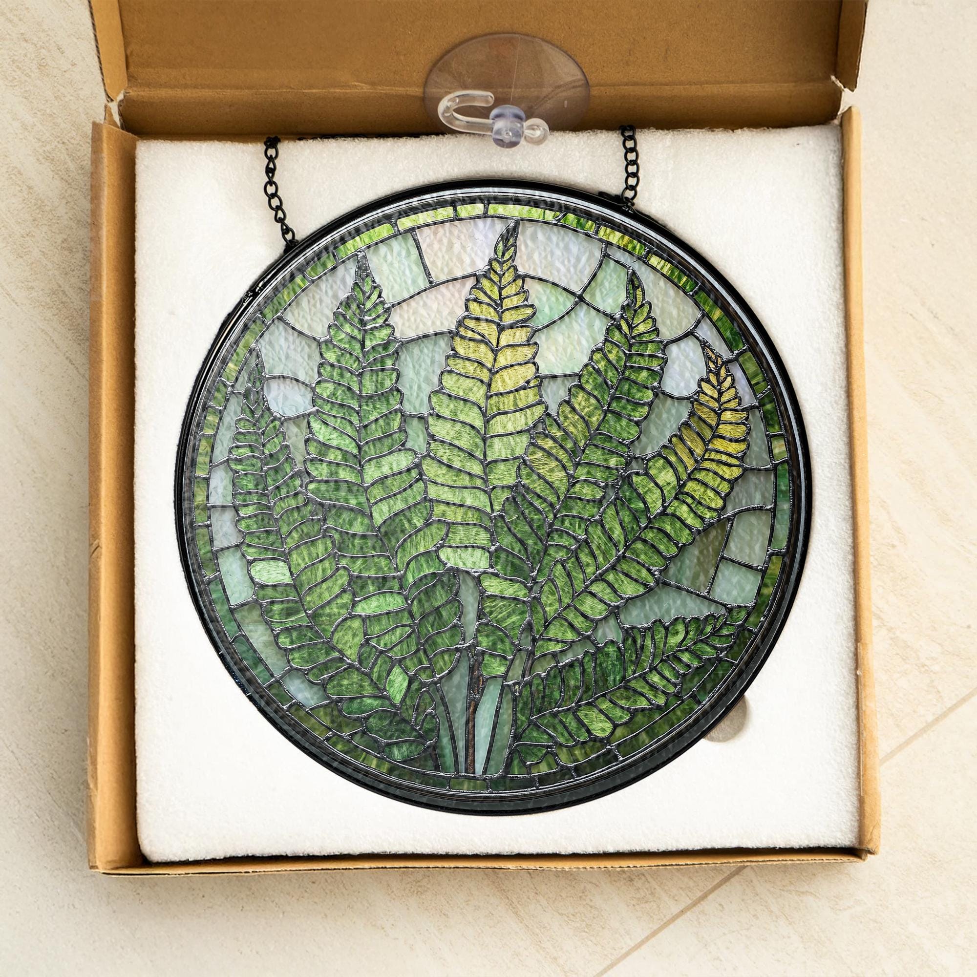 Stained Glass Fern Panel, Plant Light Catcher Decor, Round Botanical ...