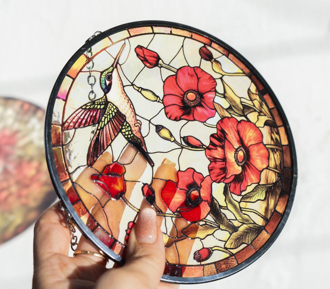 Red Poppy Stained Glass Flowers Suncatcher, Poppies and Hummingbird Sun ...