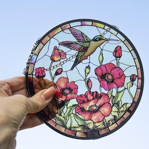 Red Poppy Stained Glass Flowers Suncatcher, Poppies and Hummingbird Sun ...