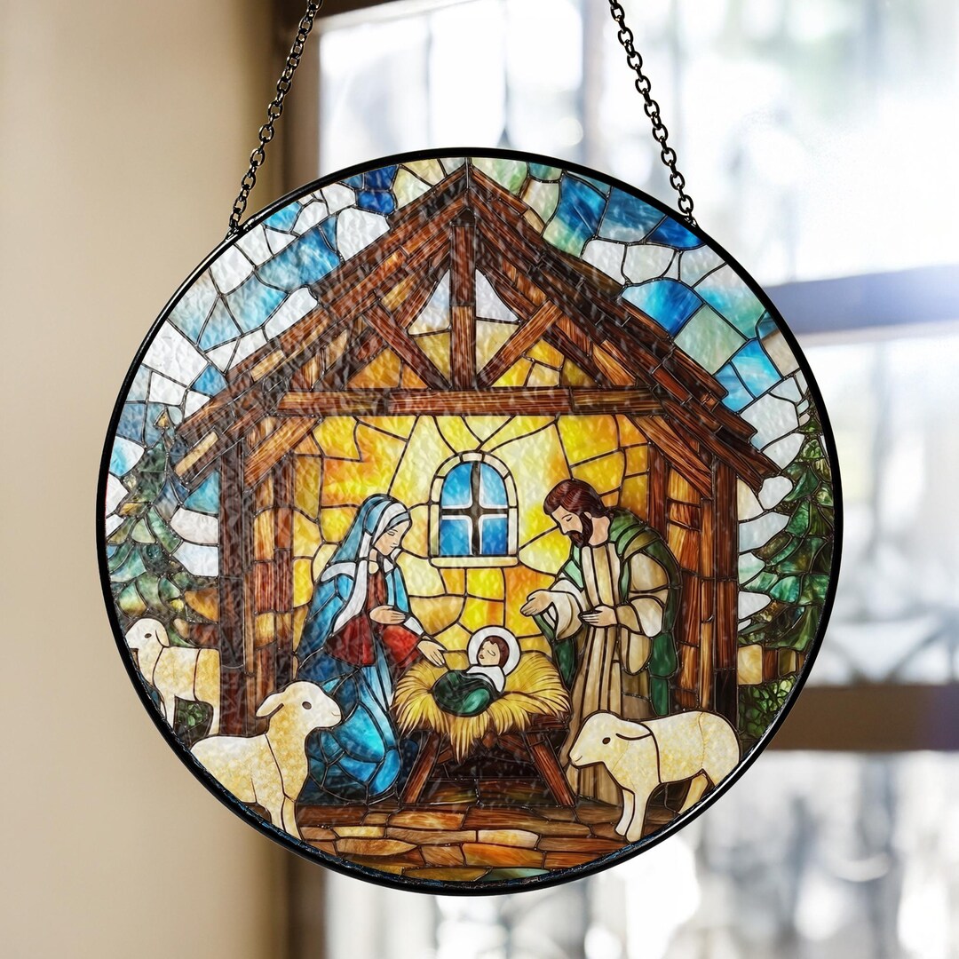 Glass Nativity Suncatcher, Holy Family Window Hanging, Christmas Manger ...