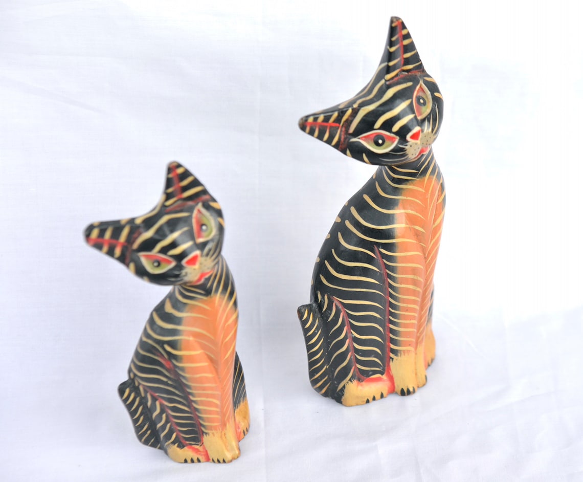 Vintage Large Wooden Cat Statue, Hand Painted Wood, Striped Cats, Mache ...