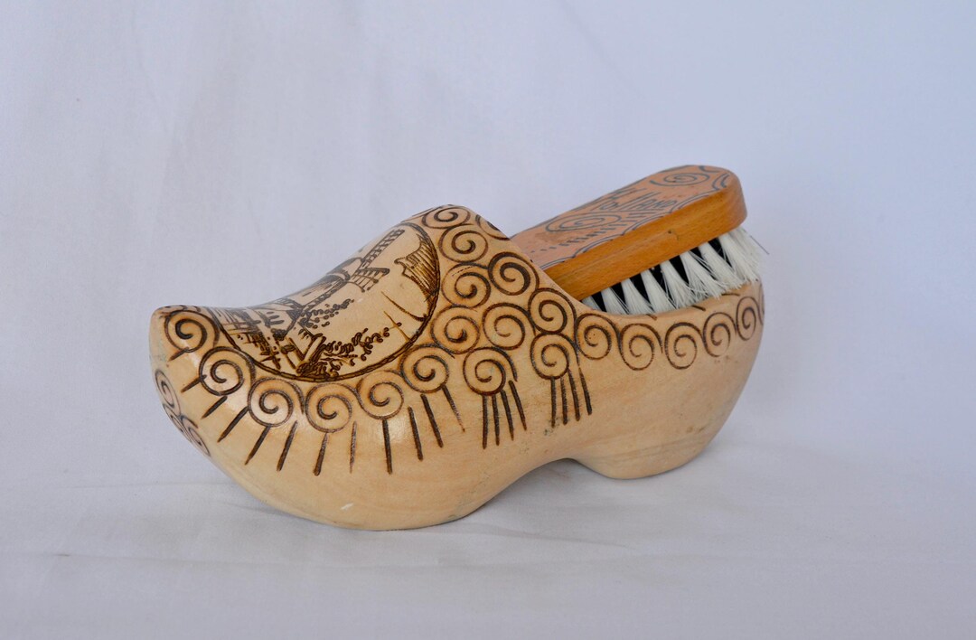 Vintage Wooden Dutch Carved Clogs - Windmill Theme, With Shoes Brash ...
