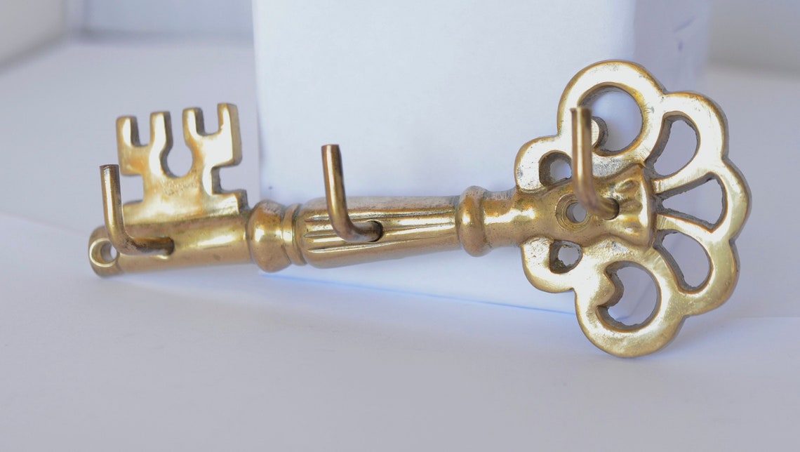Vintage Brass Key Shaped Key Holder Brass Hooks Farmhouse Cottage ...