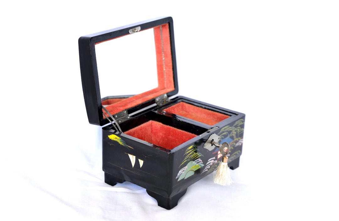 Vintage Japanese Black Lacquer Musical, Jewelry Box Liquored Japanese ...