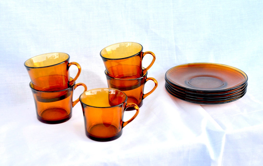 Vintage Set of Five Amber Cups & Saucers Transparent Orange Glass ...