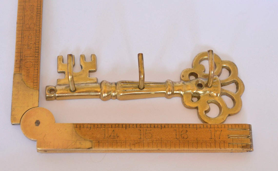 Vintage Brass Key Shaped Key Holder Brass Hooks Farmhouse Cottage ...