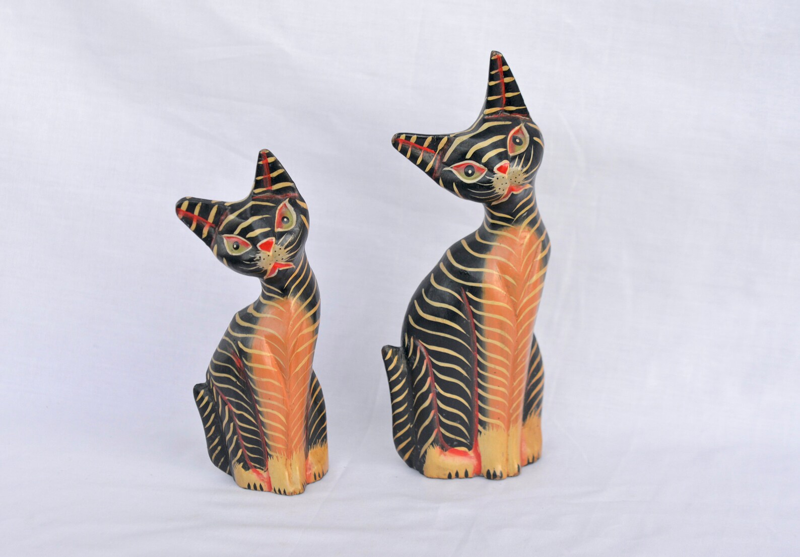 Vintage Large Wooden Cat Statue, Hand Painted Wood, Striped Cats, Mache ...
