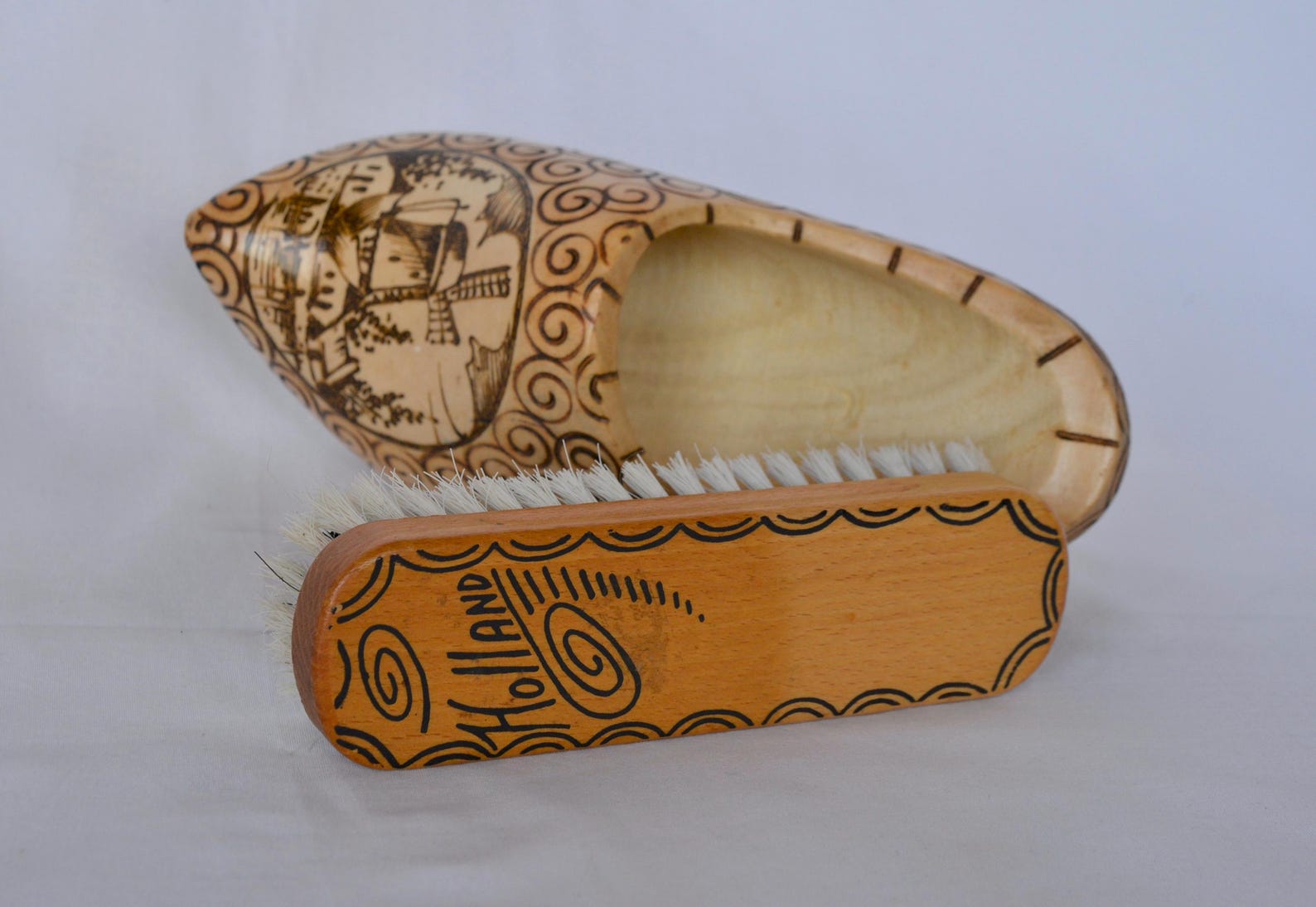 Vintage Wooden Dutch Carved Clogs - Windmill Theme, With Shoes Brash ...