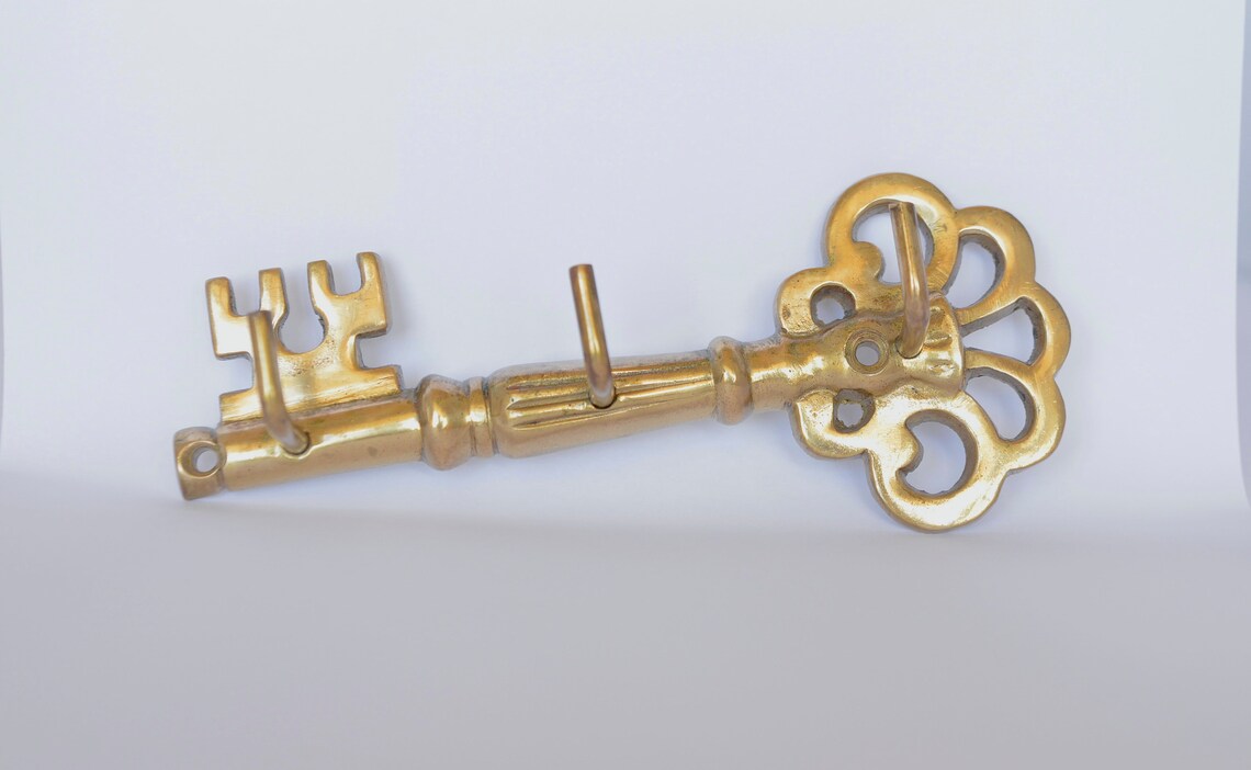 Vintage Brass Key Shaped Key Holder Brass Hooks Farmhouse Cottage ...