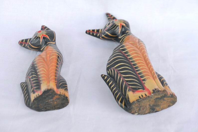 Vintage Large Wooden Cat Statue, Hand Painted Wood, Striped Cats, Mache ...