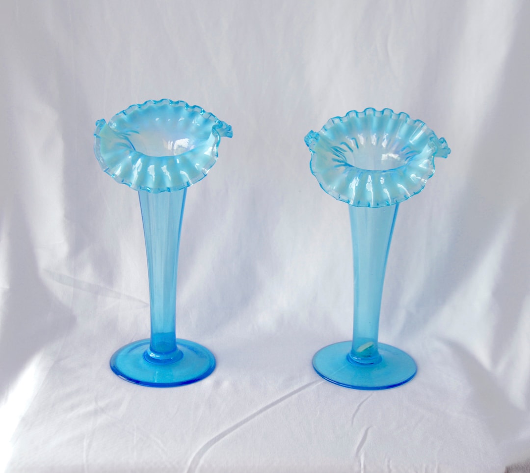 Rare Victorian Fluted Blue Vaseline Glass Vase, Ruffle Top Vases Set of ...