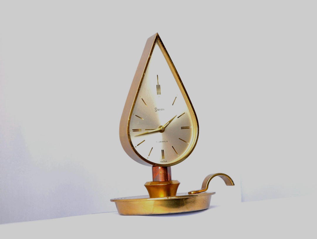Swiza 8 Days Clock, Figural Brass Candlestick Bedside Alarm, Water Drop ...