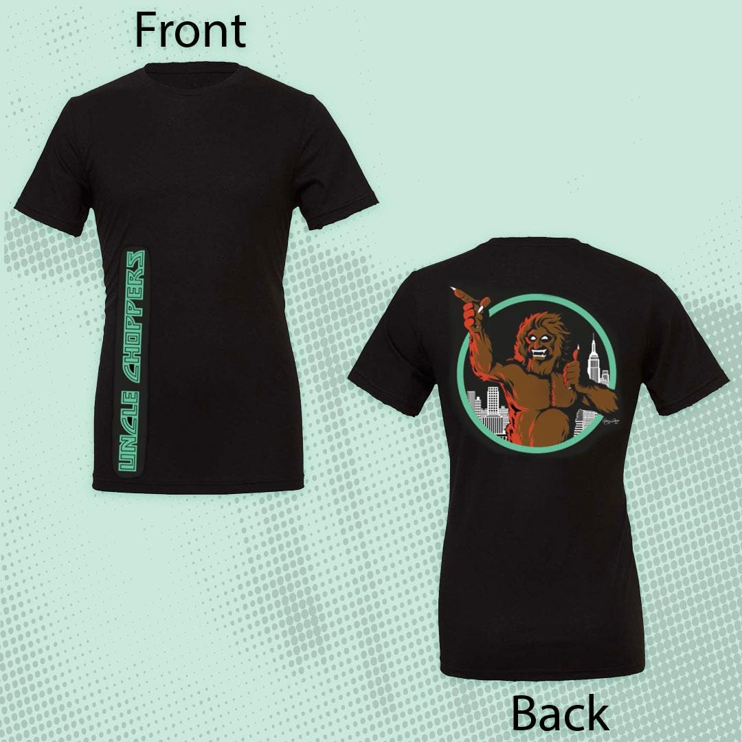 Comfy Black Short Sleeve Graphic T W/buddy Squatch Uncle Choppers Icon ...