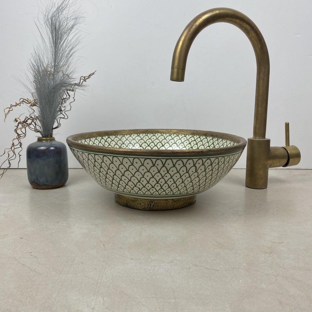 Green Fish Scale Bathroom Vessel Sink Brushed Solid Brass Rimmed ...