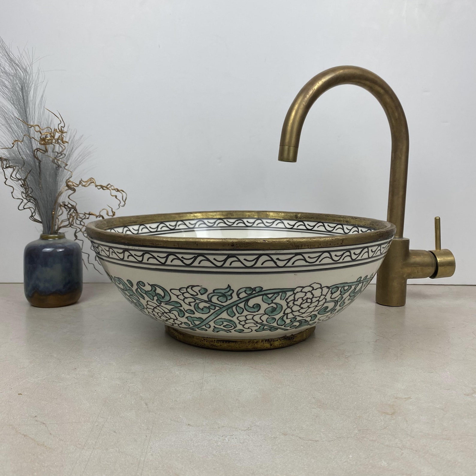 Flower Bathroom Vessel Sink Brushed Solid Brass Rimmed - Wash Basin ...