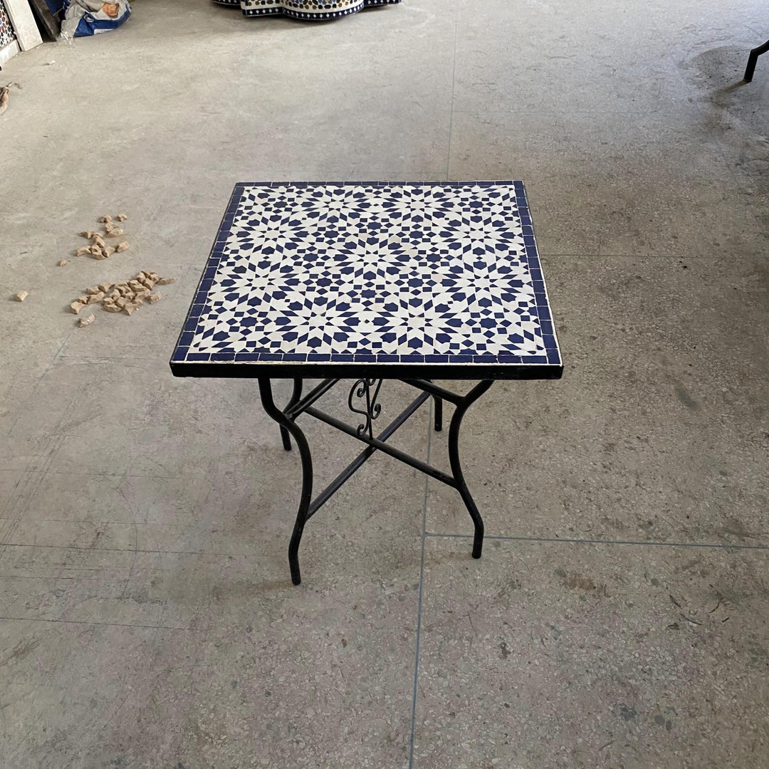 Customizable Square Mosaic Table Blue and White With Moroccan Zellige ...