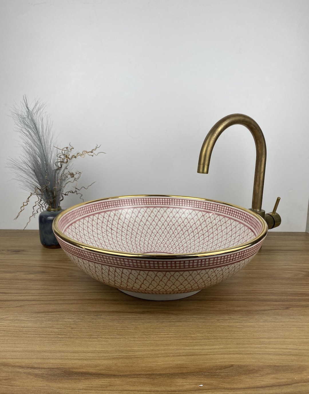 Ruby Red Bathroom Ceramic Sink 14K Gold, Hand Painted Bathroom Ceramic ...