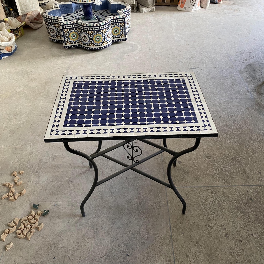 Customizable Square Mosaic Table Blue and White With Moroccan Zellige ...