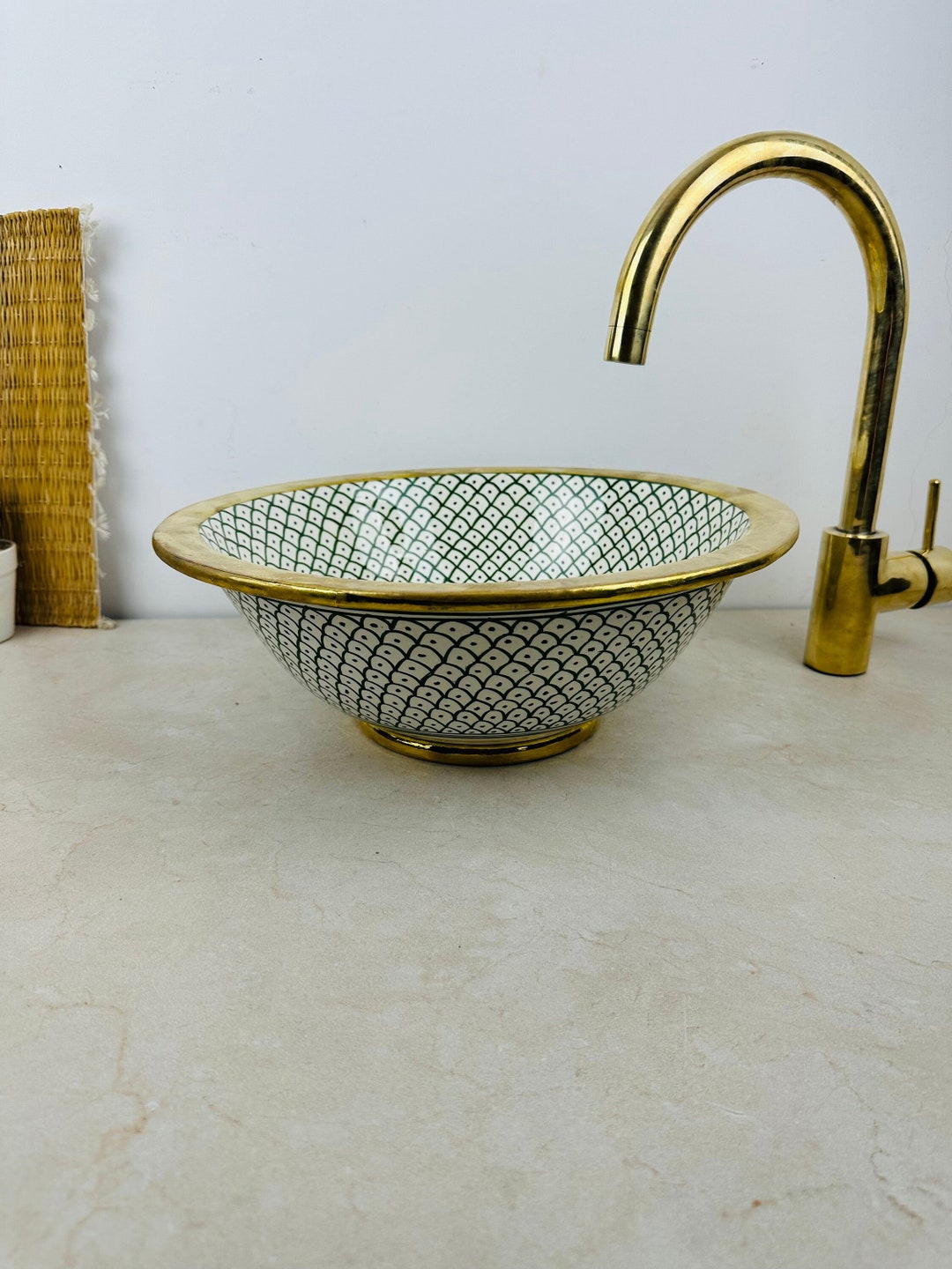 Green and White Bathroom Vessel Sink Brushed Solid Brass Rimmed ...