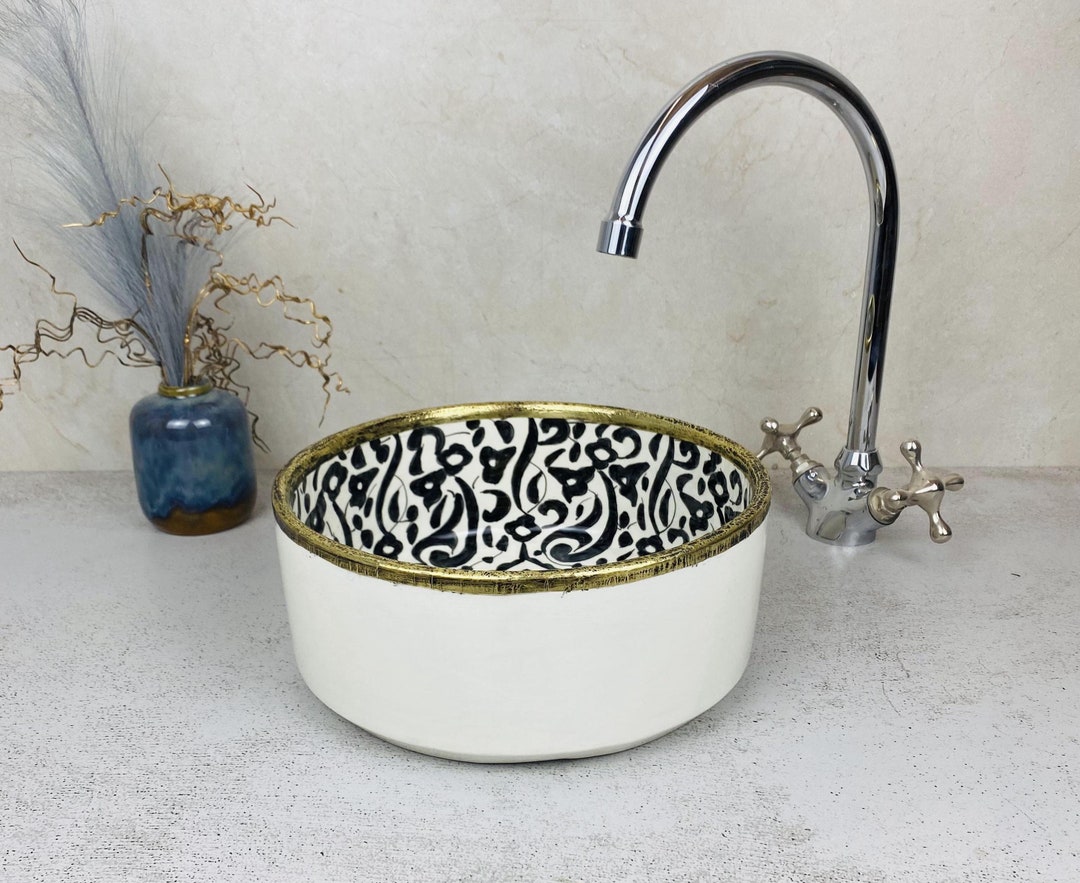 Custom Made Black Flower Brushed Solid Brass Rimmed- Ceramic Washbasin ...