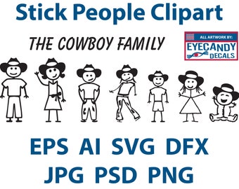 Stick Figure People Family cowboy Themed Vector Art SVG Files - Etsy