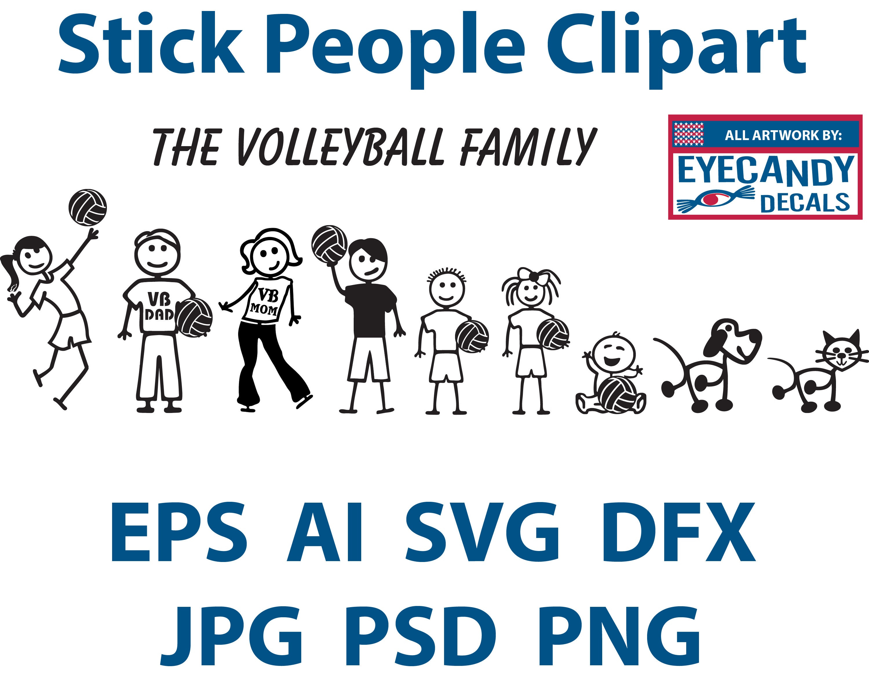 Stick People Volleyball Family Vector Clipart - Etsy