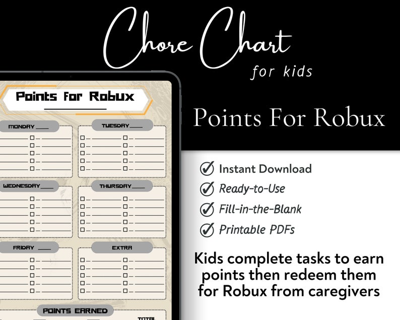 Chore Chart for Kids - Points for Robux - Printable, Instant Digital ...