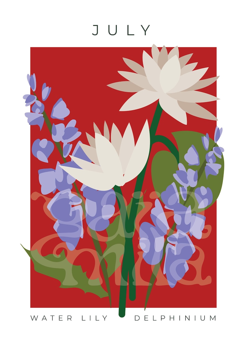 July Birth Flower Print Delphinium & Water Lily Personalised Birthday ...