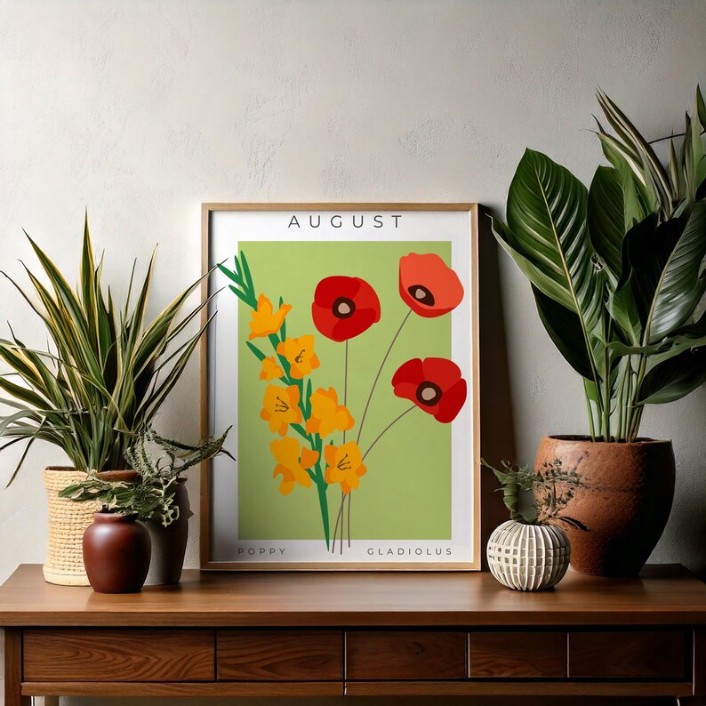 August Birth Flower Bouquet Print | Poppy & Gladiolus Art | Unique ...