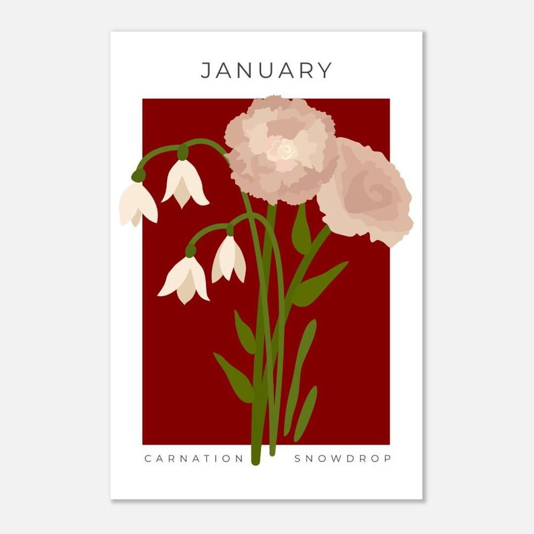 January Birth Flower Bouquet Print | Carnation Snowdrop Art | Unique ...