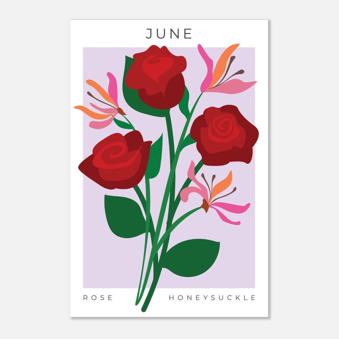 June Birth Flower Bouquet Print | Rose & Honeysuckle Art | Unique ...