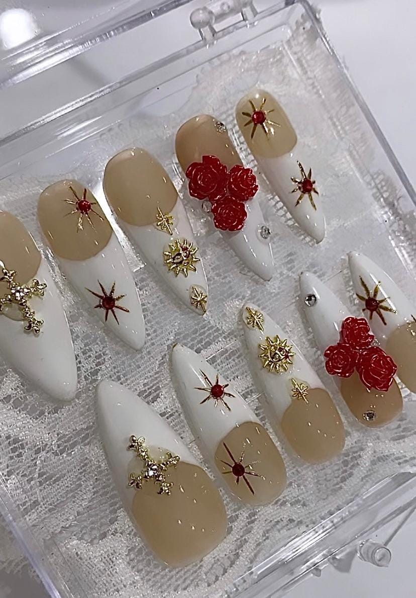 Long Stiletto Catholic Gel X Press on French Nails, Reusable Handmade ...