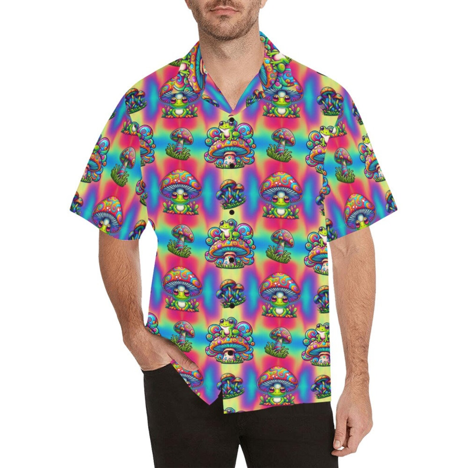 TRIPPY TOAD TECHNICOLOR Men's Button Down Shirt Music Festival Top Rave ...