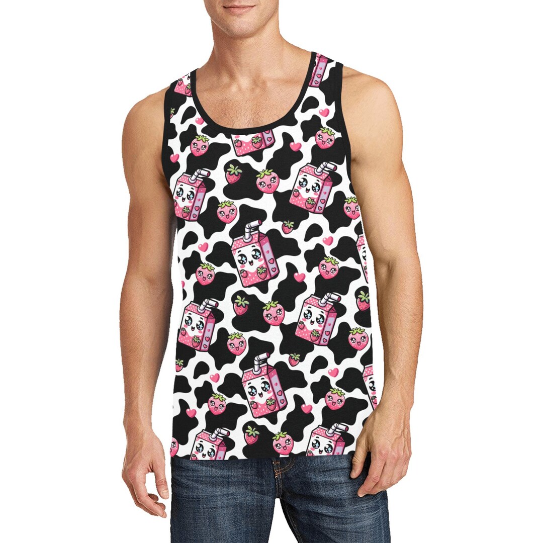 MOO BERRY BLISS | Men's Tank Top Kawaii Strawberry Milk Cow Print Music ...