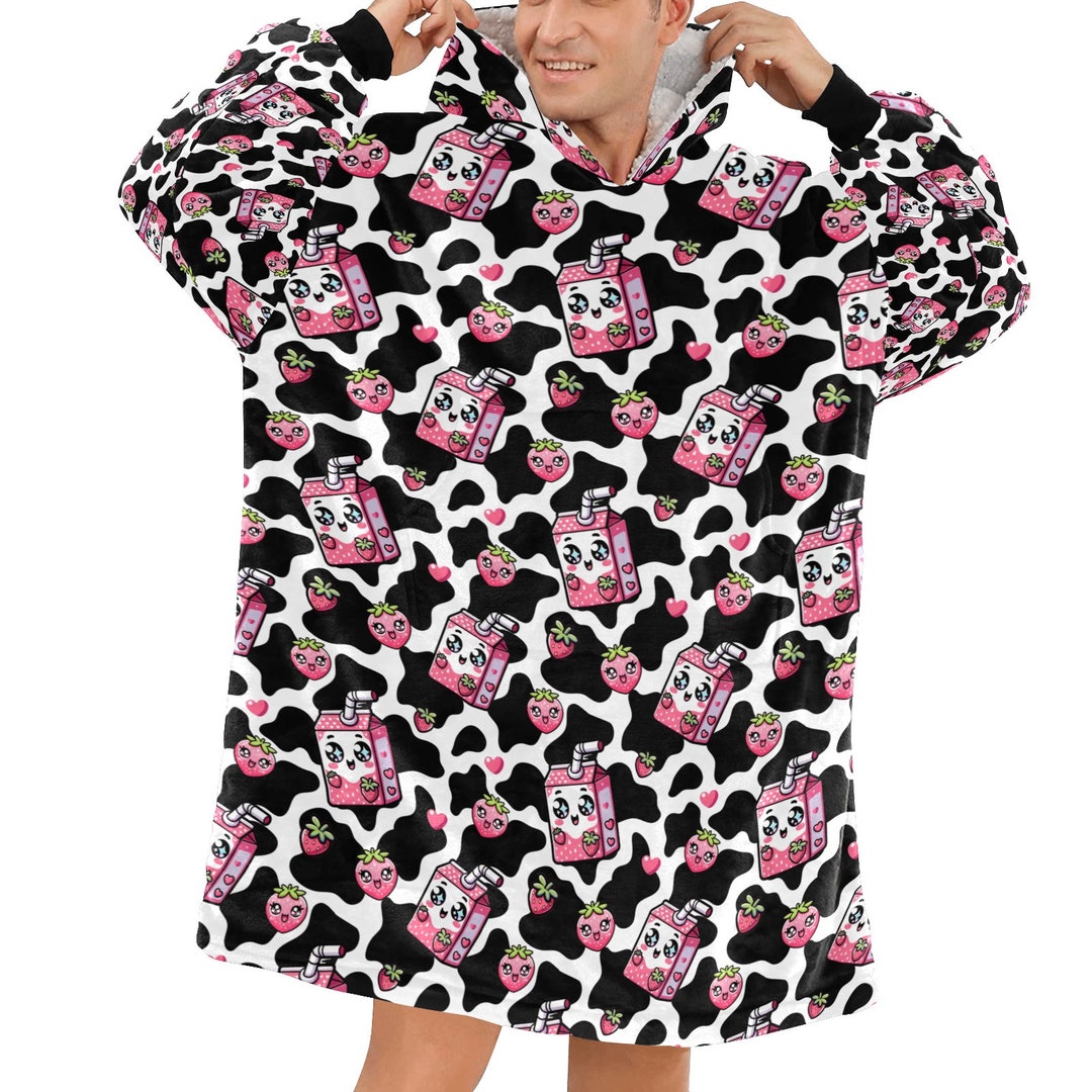 MOO BERRY BLISS | Men's Blanket Hoodie Kawaii Strawberry Milk Fleece ...