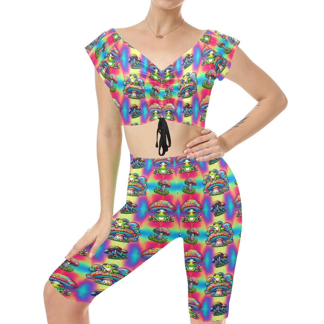TRIPPY TOAD TECHNICOLOR Cinch Crop Top and Shorts Set Women's Rave Wear ...