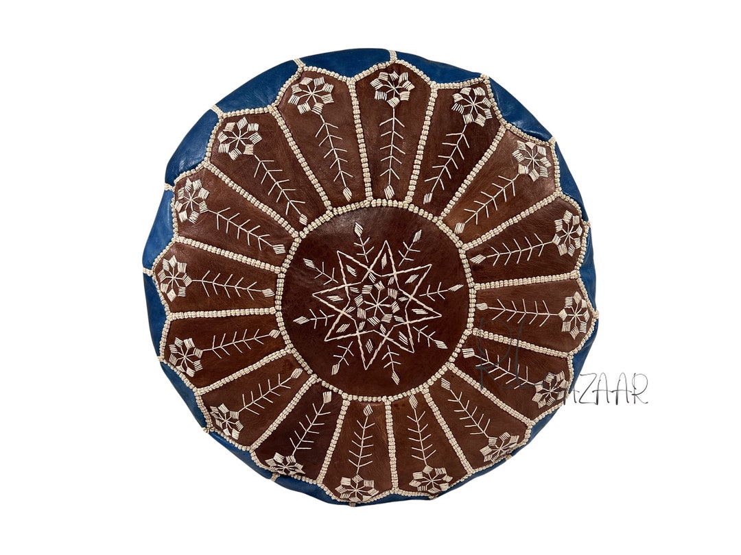 Handcrafted Blue Leather Pouf With White Patterns - Etsy