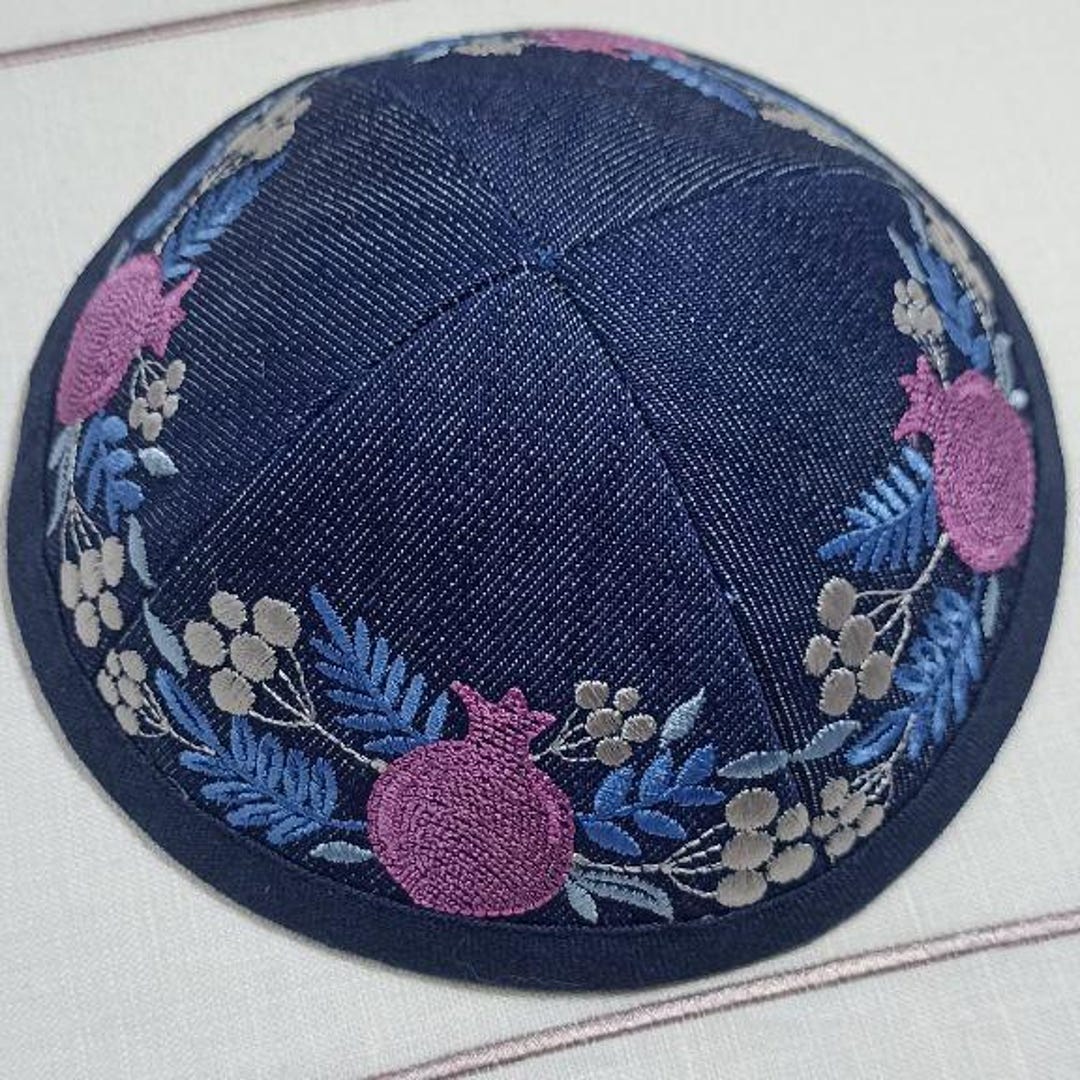 Shabbat Kippah-premium Embroidered Yarmulke-jewish Kippah-denim Cotton ...