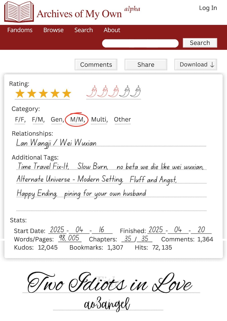 Digital Fanfic Review Reading Tracker Journal Ao3 Themed 100 Page Book ...