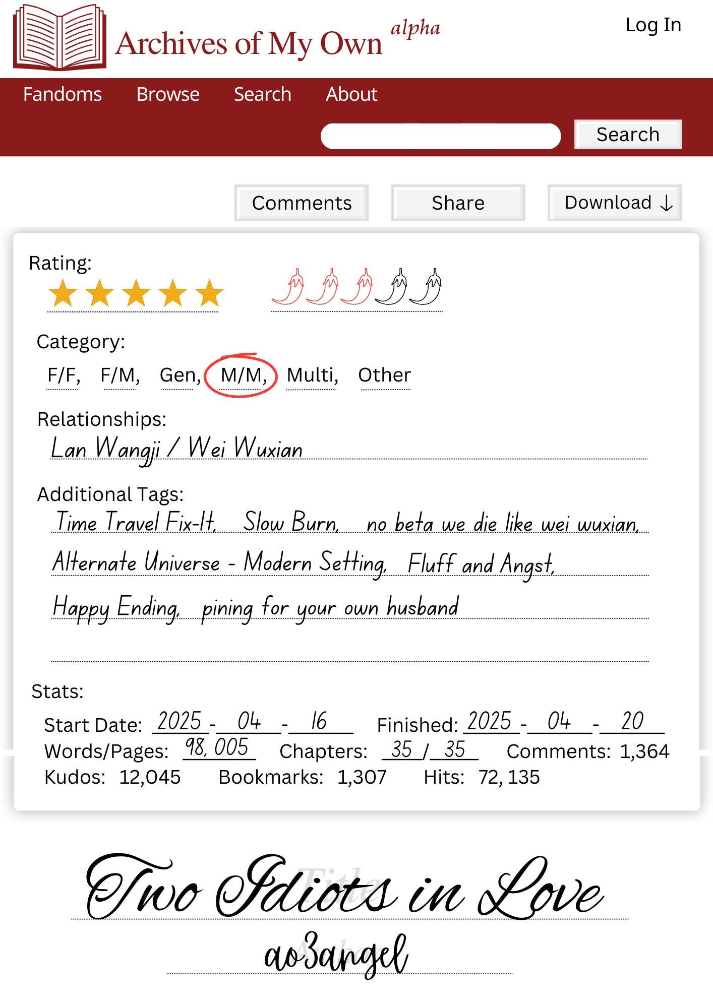 Digital Fanfic Review Reading Tracker Journal Ao3 Themed 100 Page Book Tracker PDF - Etsy